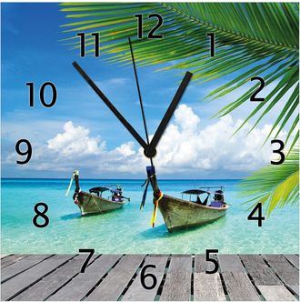 Wallario Design-Wanduhr Sonnenboot in der Karibik aus Glas, Motiv-Uhr Größe 30 x 30 cm, Schwarze Zeiger