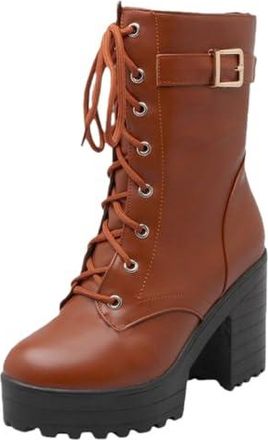 Generic Bottines pour Femme &agrave; Lacets Talon Bloc Plateforme Bout Rond Bottes Courtes Elegant Style Britannique Antid&eacute;rapante Bottines Talon Haut D&eacute;contract&eacute;e L