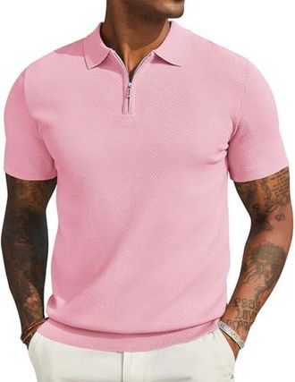 Coofandy Homme Tricoter Polo T Shirt &Eacute;t&eacute; Fermeture &Eacute;clair Polo Homme Manches Courtes Extensible en Tricot Golf T Shirts Rose S