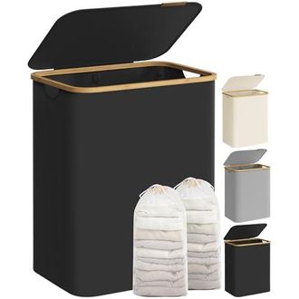 Songmics Panier &agrave; Linge avec Couvercle &agrave; 2 Compartiments, 130L, Sac Amovible, Tissu Oxford, Poign&eacute;es en Bambou, Pliable, 52 x 38,5 x 70,5 cm, Noir dEncre LCB51