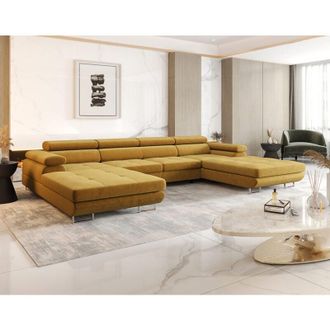 Best Mobilier Bestmobilier - Ayden - canap&eacute; panoramique en u 7 places convertible avec coffre et t&ecirc;ti&egrave;res r&eacute;glables en tissu