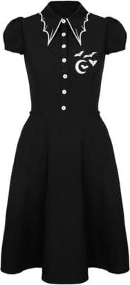 Hell Bunny Robe Patineuse Noire &agrave; col boutonn&eacute; Style Gothique Vintage Drusilla, Noire, Taille 2XL