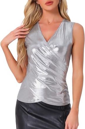 Allegra K D&eacute;bardeur M&eacute;tallique Femme Haut Cache-Coeur &agrave; Col en V Blouse Fronc&eacute; L&eacute;ger sans Manches Haut Brillant Argent S
