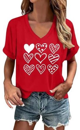 Generic T-shirt d&eacute;t&eacute; &agrave; manches courtes et col en V pour femme - Couleur unie - 2026, Rouge, XXL