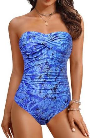 Yonique Maillot de bain une pi&egrave;ce sans bretelles pour femme - Contr&ocirc;le du ventre - Bandeau amincissant - Torsade sur le devant, Motif cachemire bleu, Taille L