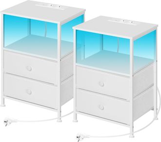 Woltu Nachttisch 2er Set, Nachtschrank mit Ladefunktion LED-Beleuchtung Schubladen, Beistelltisch Weiß, Sofatisch, Kaffeetisch, MDF, NTS27ws-2