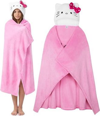 Hello Kitty Sanrio Plaid Polaire Femme et Ado, Kuromi Cinnamoroll Couverture &agrave; Capuche Pilou Pilou pour Cocooning, Cadeau Anime pour Elle (Rose Hello Kitty)