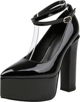 Generic Chaussures Femme Escarpins Plateforme Cuir Verni Talons Hauts Carrés Bride Cheville Réglable avec Boucle Bout Pointu Confortables Soirée Robe Bal,Noir