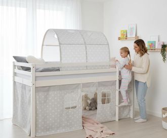 Homestyle4u Hochbett 90x200 Weiß Grau - Massivholz Kinderbett mit Treppe, Absturzsicherung, Vorhang & Tunnel, Kinderbett für Jungen & Mädchen | Artikel 1889