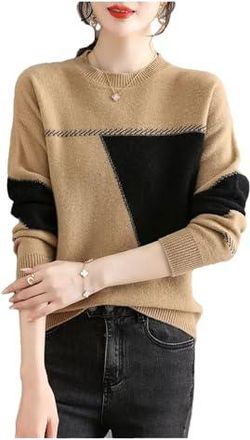 Generic Pull en cachemire de couleur contrast&eacute;e &agrave; col rond pour femme, ample et polyvalent, grand pull &eacute;tranger &agrave; manches longues, kaki, S