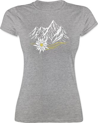 Shirtracer Shirt Damen - Kompatibel mit Oktoberfest - Edelwei&szlig; Berge Wandern Wanderlust Berg Ruft Alpen - M - Grau meliert - Wander Tshirt trachtenshirt bayrisch