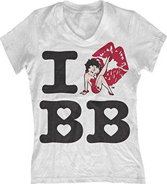 Betty Boop Officially Licensed Merchandise I Love Betty Boop Girly V-Neck Tee (White), Small