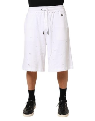 Dolce & Gabbana Mens White Cotton Ripped Bermuda Sweatpants Shorts
