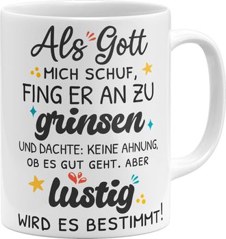 OM3 Als Gott mich schuf fing er an zu grinsen Kaffee-Tasse mit Spruch - lustige Spruchtasse - Keramik Becher - 11oz 325ml - Beidseitig Bedruckt - Weiss