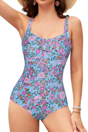 SHEKINI Damen Einteilige Badeanzug Retro Schlankheits Ruched Bauchweg Bademode Halter Gro&szlig;e Gr&ouml;&szlig;e Modest Badeanz&uuml;ge f&uuml;r Damen(Blaue Kirschbl&uuml;te,XL)