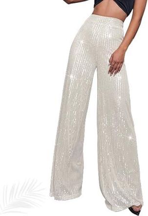 Generic Pantalon palazzo taille haute &agrave; paillettes pour femme - Pantalon de f&ecirc;te scintillant, Blanc clair., 4XL