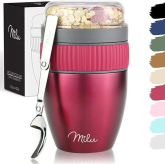 Milu Gobelet &agrave; Emporter 400ml en Acier Inoxydable Isol&eacute; - Pour Yaourt, Muesli, Porridge - Anti-Fuite Avec Cuill&egrave;re (Berry)