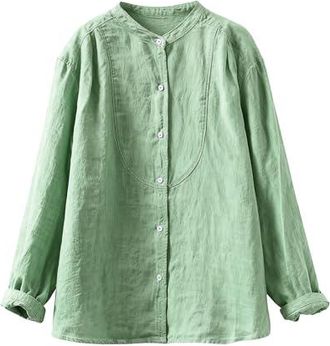 Generic Chemisier en lin &agrave; manches longues pour femme - Chemisier basique en mousseline de coton - Couleur unie - Chemisier en lin avec boutons - Confortable 