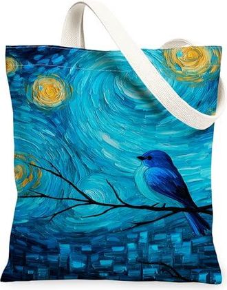 Generic Sacs fourre-tout artistiques en toile motif oiseau bleu, sac d&eacute;picerie r&eacute;utilisable, l&eacute;ger et lavable, bleu, 13x15 Inch