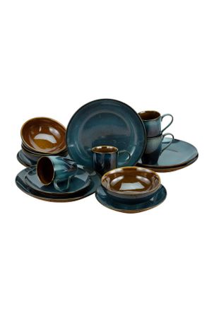 CREATABLE Kombiservice Mallorca, Braun, Petrol, Keramik, 16-teilig, 300 ml,400 ml, Essen & Trinken, Geschirr, Geschirr-Sets, Kombiservice