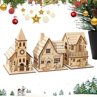 Generic LED Weihnachtsh&uuml;tte - Dorfhaus in Holz Dekoration | 3-teilige festliche Ornament f&uuml;r, Schreibtisch, Schlafzimmer, Bauernhaus, B&uuml;cherregale, Weihnachts