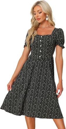 Allegra K Femme Florale Col Carr&eacute; Boutons D&eacute;coratifs Manches Courtes Bouffantes Robe Mi-Longue Noir L