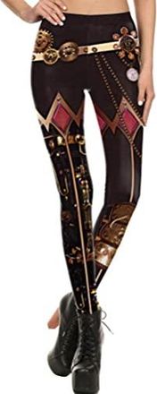 Onsoyours Halloween Leggings Femme Cosplay 3D Taille Haute Pantalon Élastique Extensible de Sport Legging Crâne Imprimé Citrouille Halloween Carnaval D Café XL