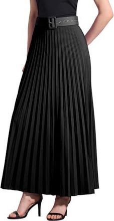 Allegra K Jupe Plissée Longue Femme Fluide Taille Haute Élastique Jupe Maxi Ceinturée Trapèze de Business Noir XL