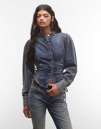 AllSaints Evanna chemise en jean &agrave; manches longues, col montant et &agrave; nouer, bleu d&eacute;lav&eacute;