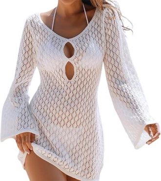 Generic Cache-maillot de bain d&eacute;t&eacute; sexy en crochet pour femme avec col en V et manches cloches longues en maille - Robe d&eacute;t&eacute; boh&egrave;me pour vacances de plage - E