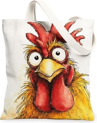Generic Sacs fourre-tout en toile de coq amusants, motif poulet, sacs d&eacute;picerie, sacs d&eacute;picerie r&eacute;utilisables, rustiques, l&eacute;gers, lavables, blanc, 13x15 Inch