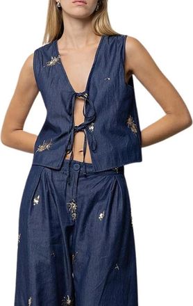 Kaos Kaos, Femme, Vestes, Bleu, Taille: 36 FR Gilet en jean clair brod&eacute; de sequins