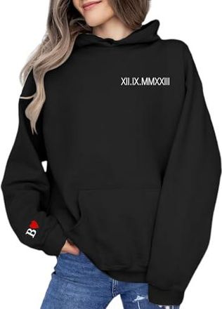 Generic Sweat &agrave; capuche confortable &agrave; manches longues pour femme avec chiffres romains brod&eacute;s personnalis&eacute;s pour couple avec initiales sur la manche anniversa