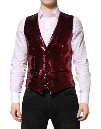 Dolce & Gabbana Red Sequined Dress Formal Men Waistcoat Vest Nylon Polyester Silk Elastane