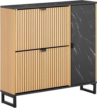 SoBuy SoBuy Schuhschrank schmal f&uuml;r Eingang - Schrank mit 2 Klappen und seitlicher T&uuml;r Schuhregal - Kompaktes skandinavisches Design Schwarz Hell Holz
