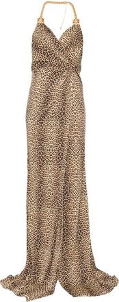 Roberto Cavalli Femme, Robes, Brun, Taille: 38 FR Robe Maxi Sans Manches &agrave; Imprim&eacute; L&eacute;opard, Col en V et D&eacute;tails de Cha&icirc;ne