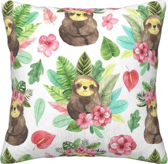 IUBBKI Quadratischer Kissenbezug, rosa Blumen-Faultier-Kissen, 45 cm x 45 cm mit unsichtbarem Reißverschluss, dekoratives Kissen für Bett, Sofa (nur Kissenbe