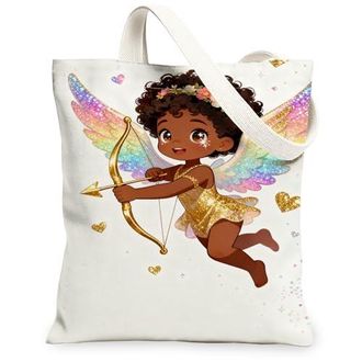 Generic Sacs fourre-tout en toile avec motif ange, motif ch&eacute;rubin, coeur, r&eacute;utilisable, fantaisie, l&eacute;ger et lavable en toile pour T, blanc, 13x15 Inch