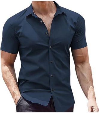 Generic Chemises musclées pour homme : chemise décontractée boutonnée à manches courtes, élasticité coupe athlétique, infroissable, coupe ajustée, extensible,