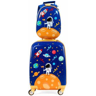 Costway Kindergepaeck Kindertrolley, Kinderkoffer mit Rucksack, Reisekoffer Jungen, Handgepaeck Reisegepaeck Blau