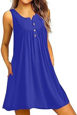 Generic Robe dété en mousseline légère et aérée pour femme - Robe débardeur avec poches - Robe sans manches avec col en V - Robe porte-jarretelles unie - Robe