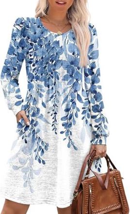 Generic Robe boh&egrave;me pour femme, mini robe &agrave; manches longues, col rond, robe trap&egrave;ze d&eacute;contract&eacute;e, fluide avec poches lat&eacute;rales, robe moulante formelle en tric