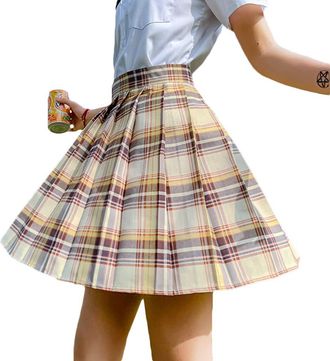 Minetom Frauen M&auml;dchen Kurze Hohe Taille Gefaltete Skater Tennis Schule Rock Damen Kariert Rock Faltenr&ouml;cke Minirock Kurz Skirt Gelb M
