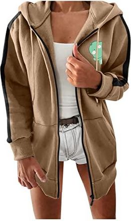 Generic 2026 Vestes pour femmes Automne Hiver Casual Loose Polaire &agrave; Capuche Zipp&eacute;e Manches Longues Imprim&eacute; Veste Manteau, kaki, M
