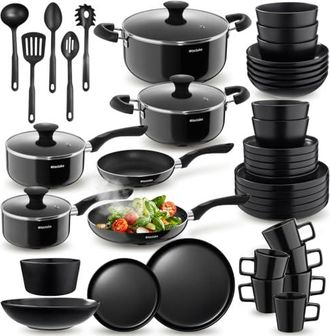 TecTake Set de cuisine 45 pi&egrave;ces, Service de table 6 personnes et Batterie de cuisine, Po&ecirc;les, Casseroles, Assiettes plates, Assiettes creuses, Bols, Tasses, 