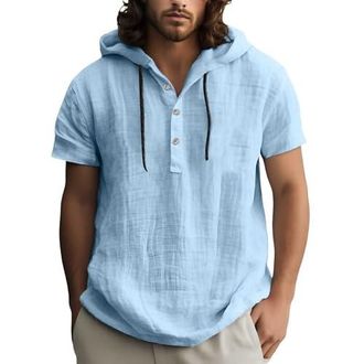 Generic Chemise en lin unie pour homme - Printemps &eacute;t&eacute; - Manches courtes - D&eacute;contract&eacute;e - Pour homme, bleu ciel, 3XL