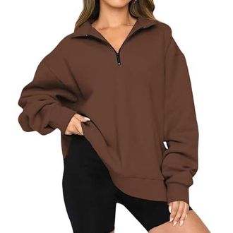 Generic Sweat &agrave; capuche zipp&eacute; surdimensionn&eacute; en polaire avec demi-fermeture &eacute;clair pour femme, marron fonc&eacute;, XXL