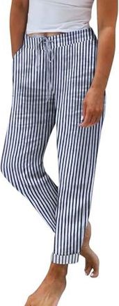 Generic Pantalon de travail rayé pour femme - Jambe large - En coton et lin - Ceinture élastique - Poche haute - Boutons latéraux - Pantalon court décontracté