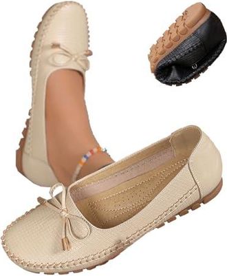 Generic Mocassins plats d&eacute;contract&eacute;s &agrave; enfiler pour femmes, mocassins plats textur&eacute;s, chaussures de marche d&eacute;contract&eacute;es avec noeud pour le travail, beige, 35
