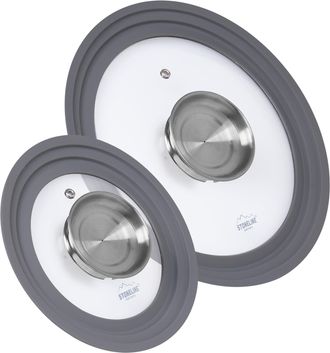 STONELINE 3 in 1 Universaldeckel Set 2-teilig f&uuml;r T&ouml;pfe Pfannen &oslash; 16/18/20 und 24/26/28 cm Universal Glasdeckel mit Aroma Funktion, abgestufter Silikonrand, hit